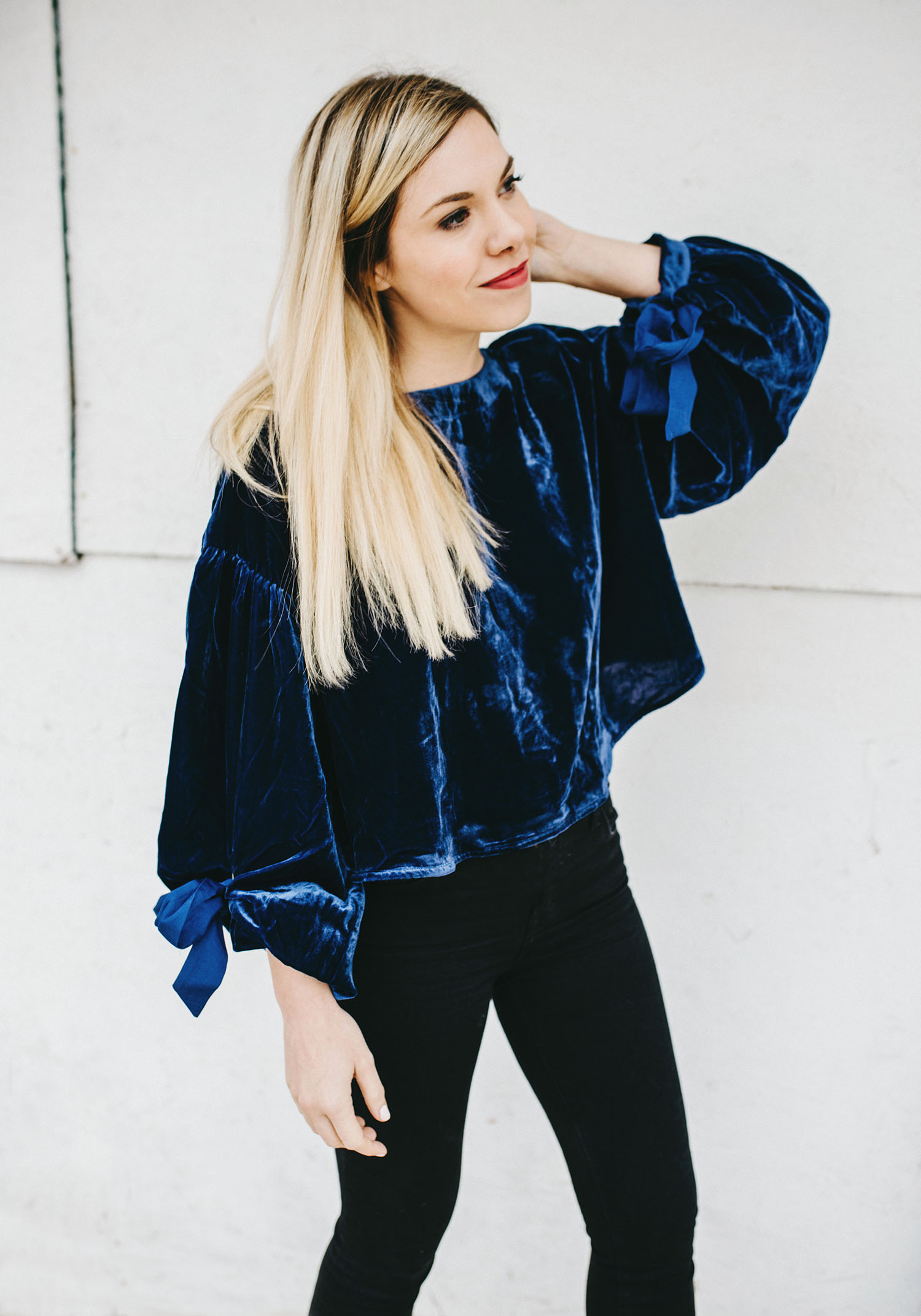 blue velvet top with bows + New Year's Eve - Allyson in Wonderland